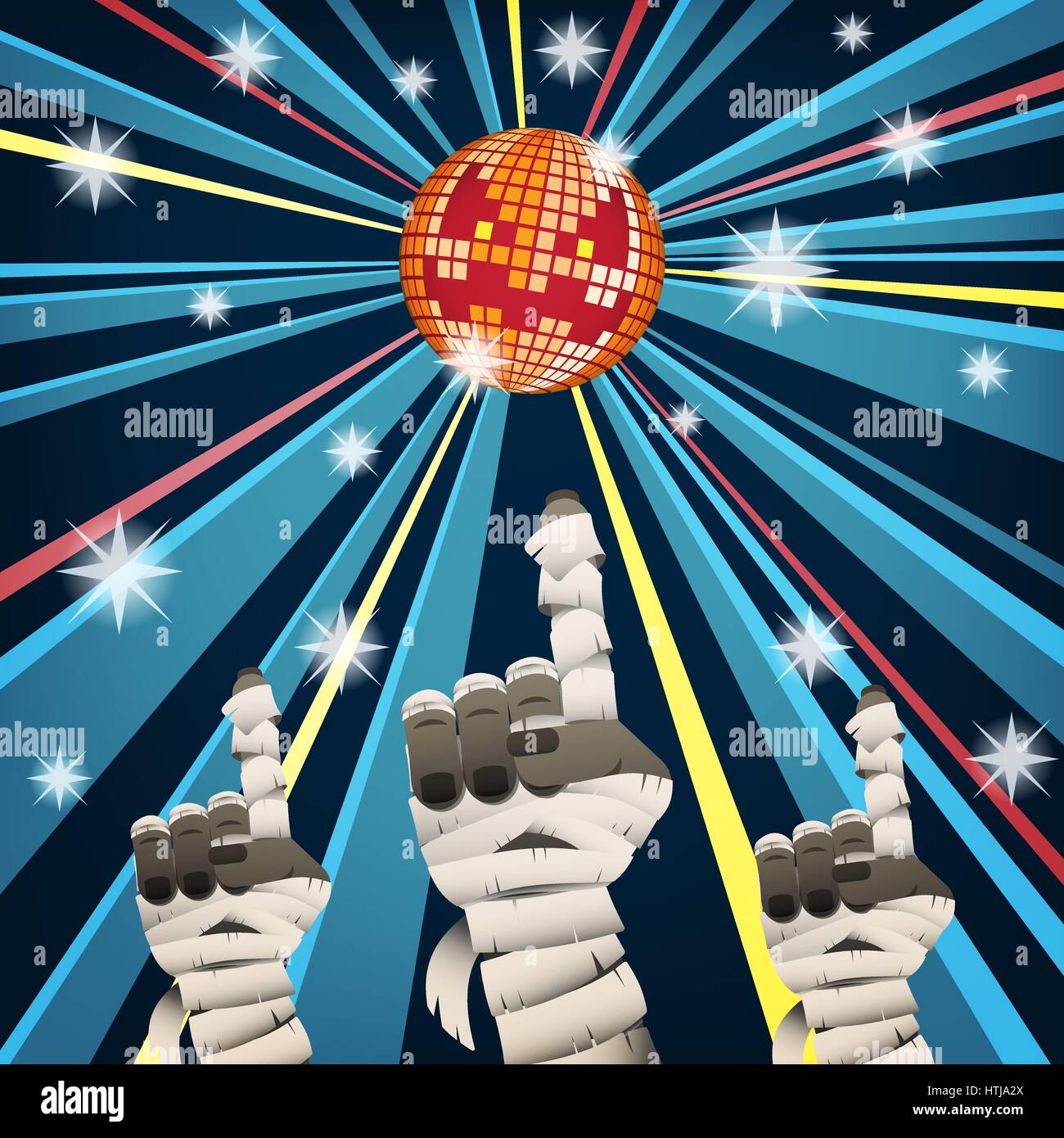 Halloween disco party with hands of mummies group dancing under jack o ...