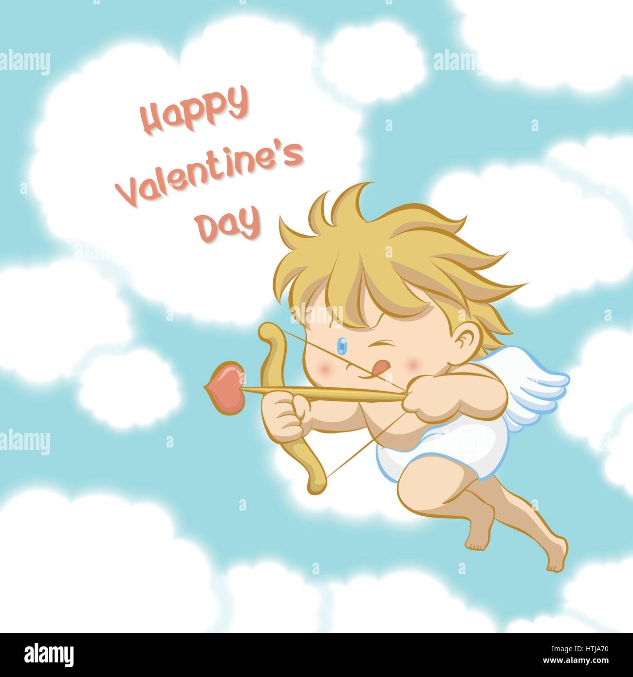 Cupid flying among heart shaped cloud, aiming with bow and arrow with ...