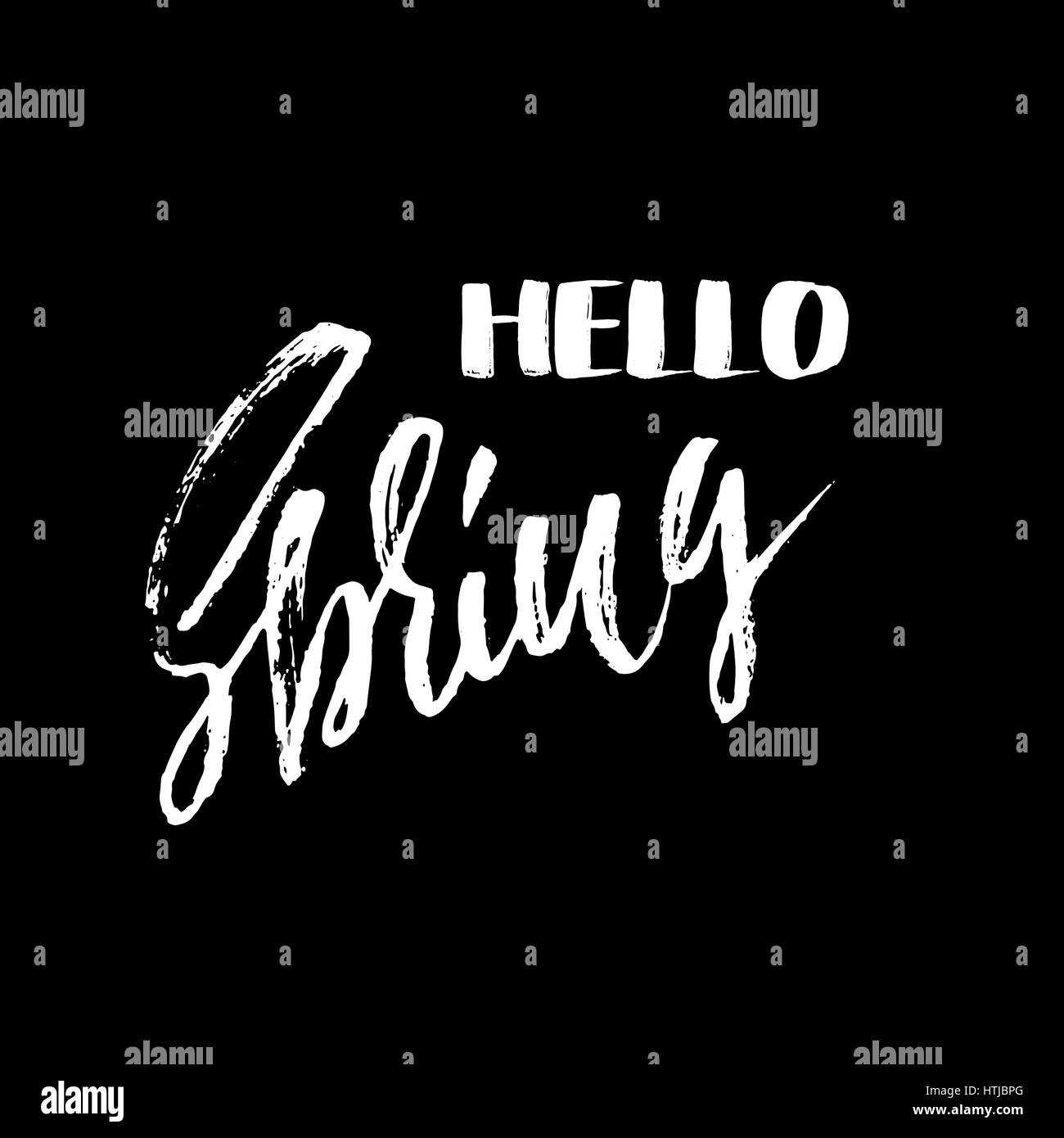 Handwritten lettering inscription. Hello spring. Hand drawn dry brush ...