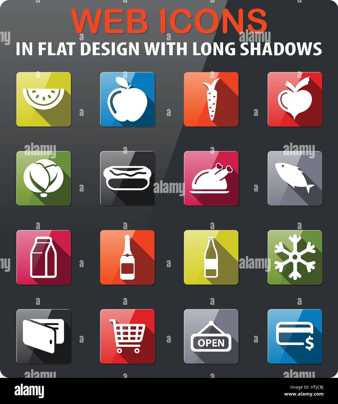 Grocery icons set in flat design with long shadow Stock Vector Image ...