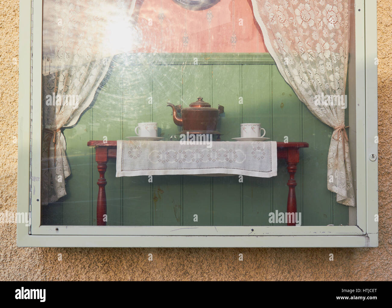 Old fashioned table setting display in cafe window, Sweden, Scandinavia ...