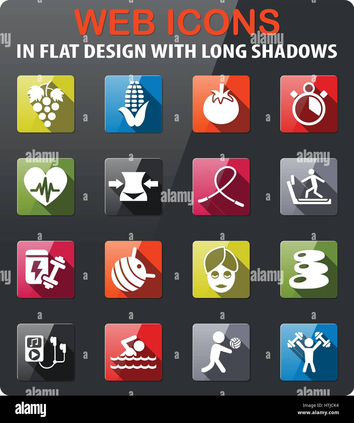 healthy lifestyle icons set in flat design with long shadow Stock ...