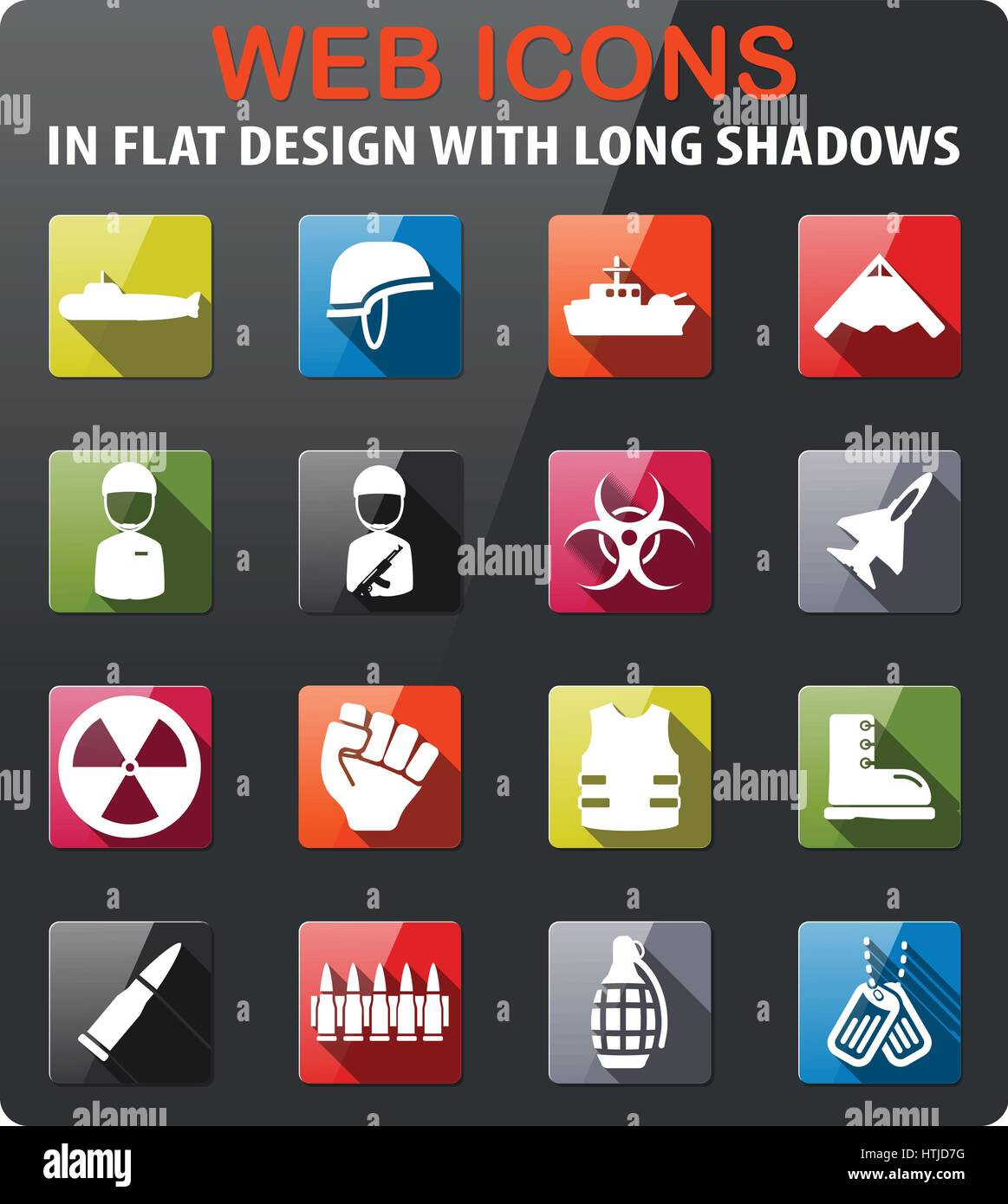 Military icons set in flat design with long shadow Stock Vector Image ...