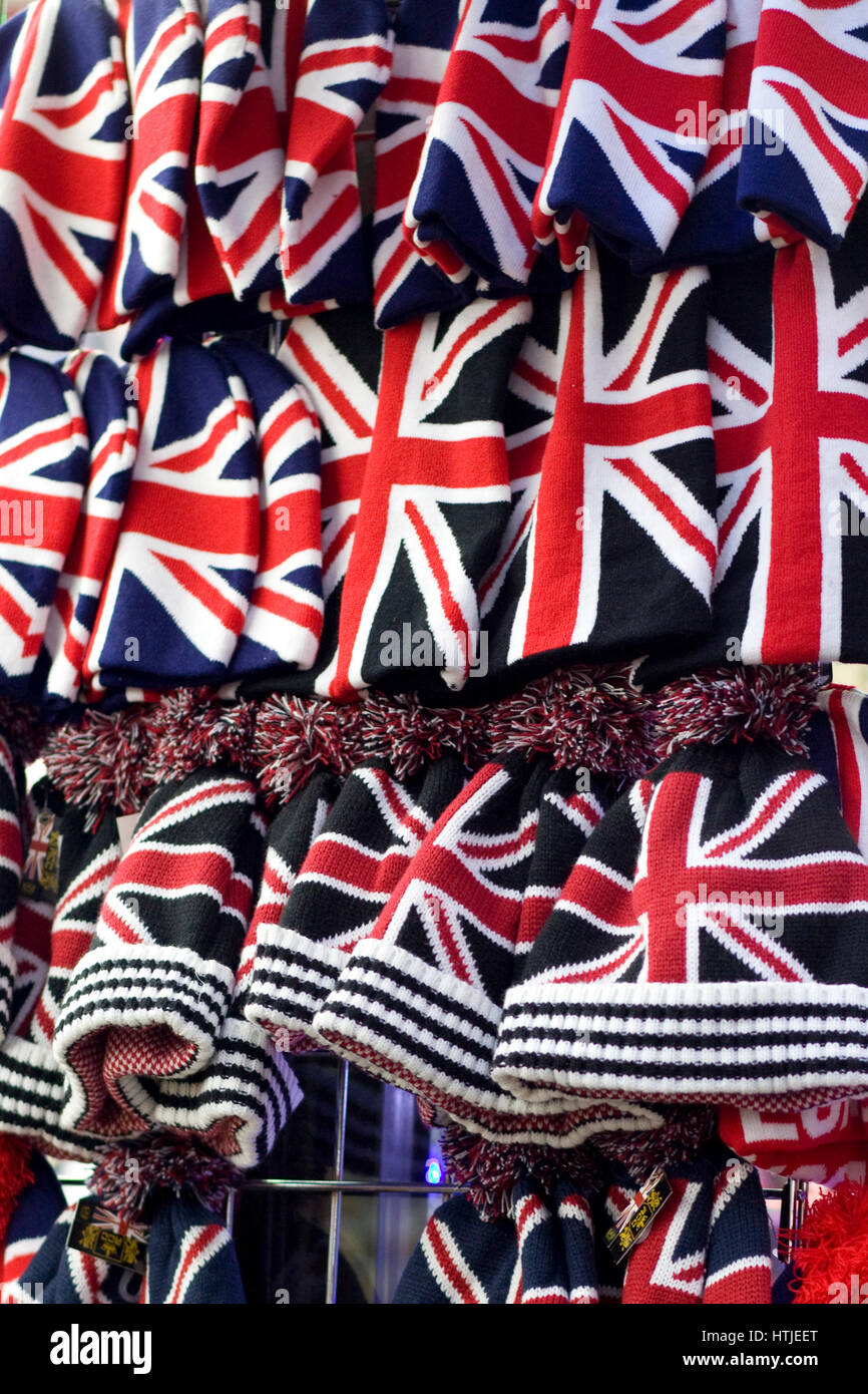 Stall selling union jack wool hats and scarves Stock Photo - Alamy
