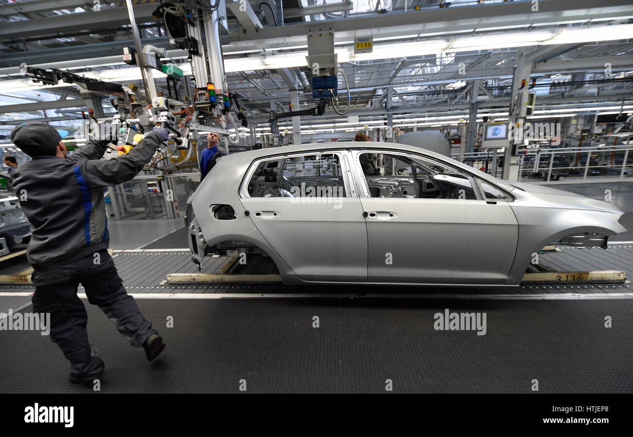 Volkswagen Golf cars are seen in a production line at the companies ...