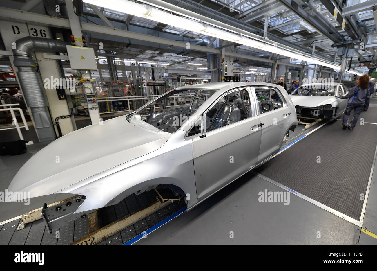 Volkswagen Golf cars are seen in a production line at the companies ...