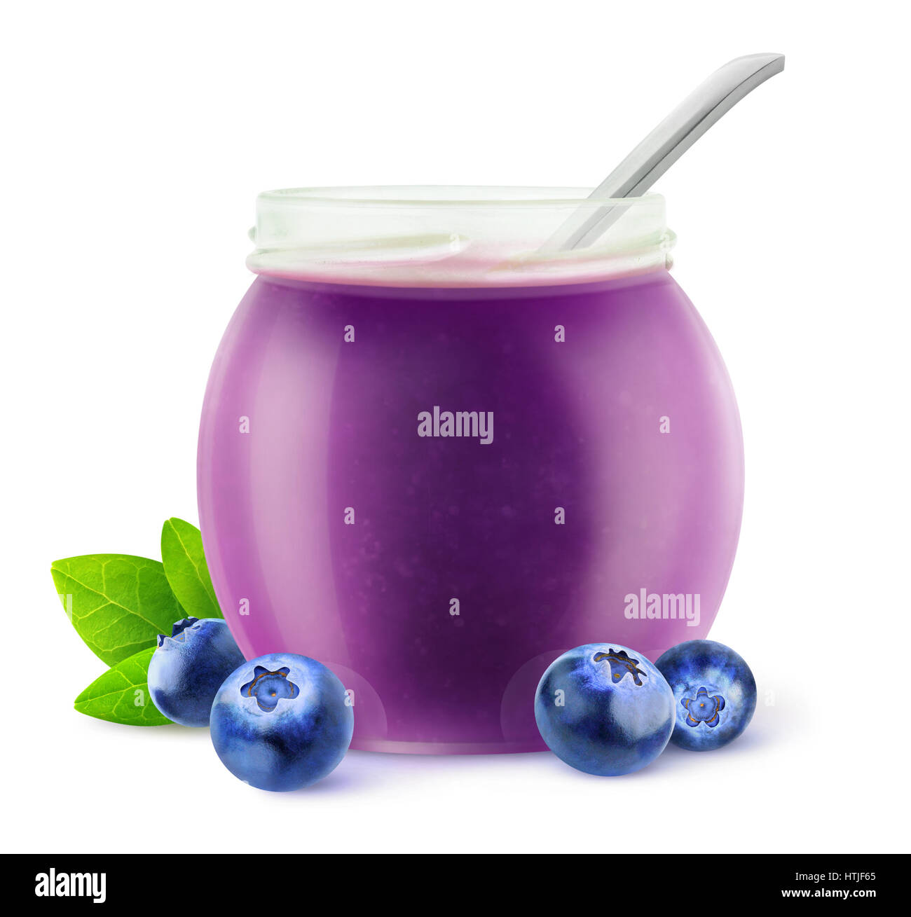 Isolated blueberry jelly. Blueberry fruits and open jam jar isolated on ...