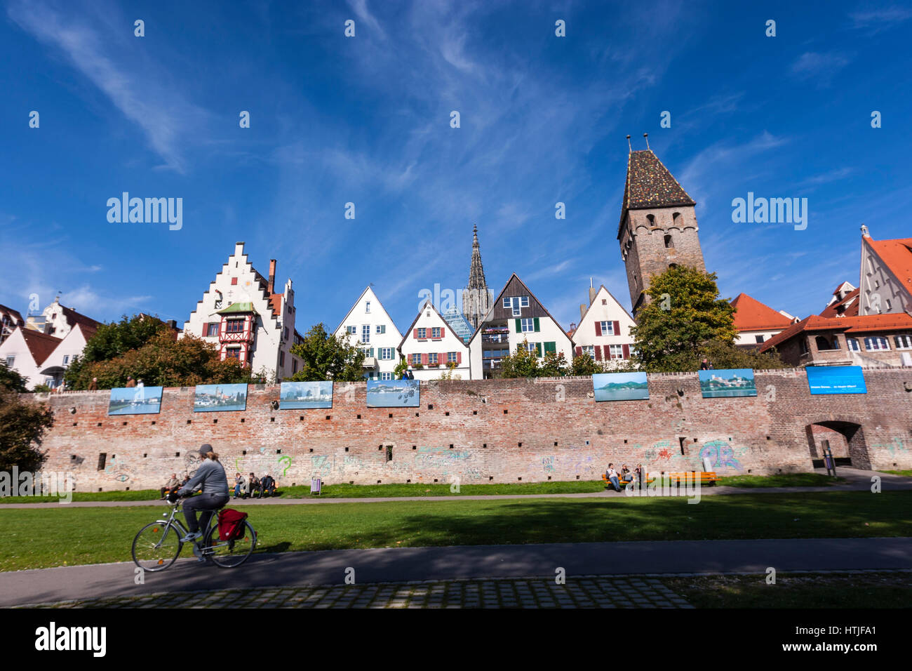 Ulm city walls from the River Donau banks, Baden-Württemberg, Germany ...