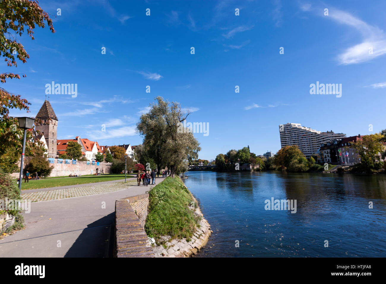 Ulm city walls from the River Donau banks, Baden-Württemberg, Germany ...