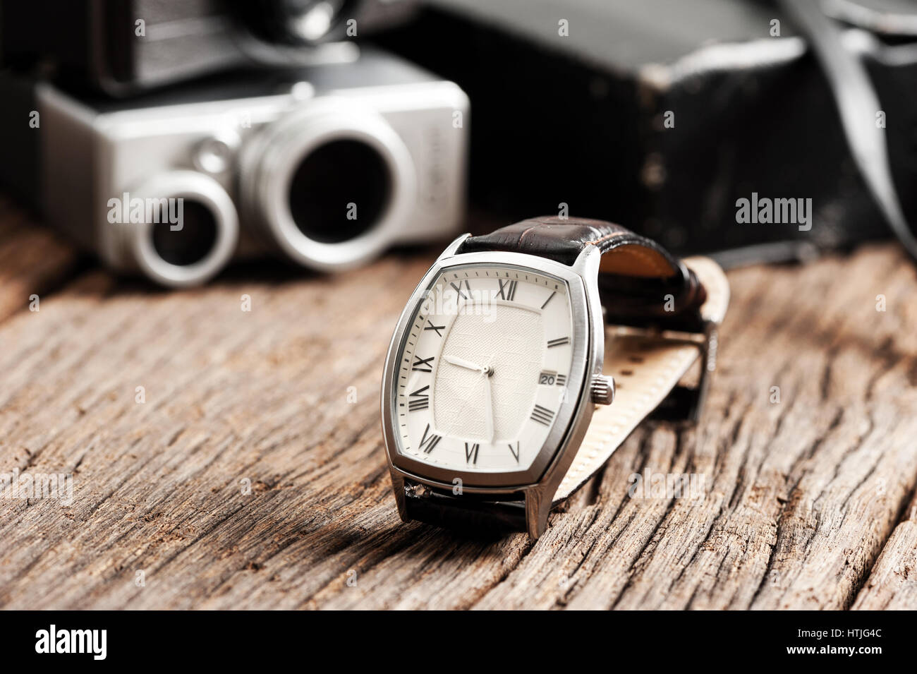 vintage style of luxury men watch with stainless case and leather strap ...