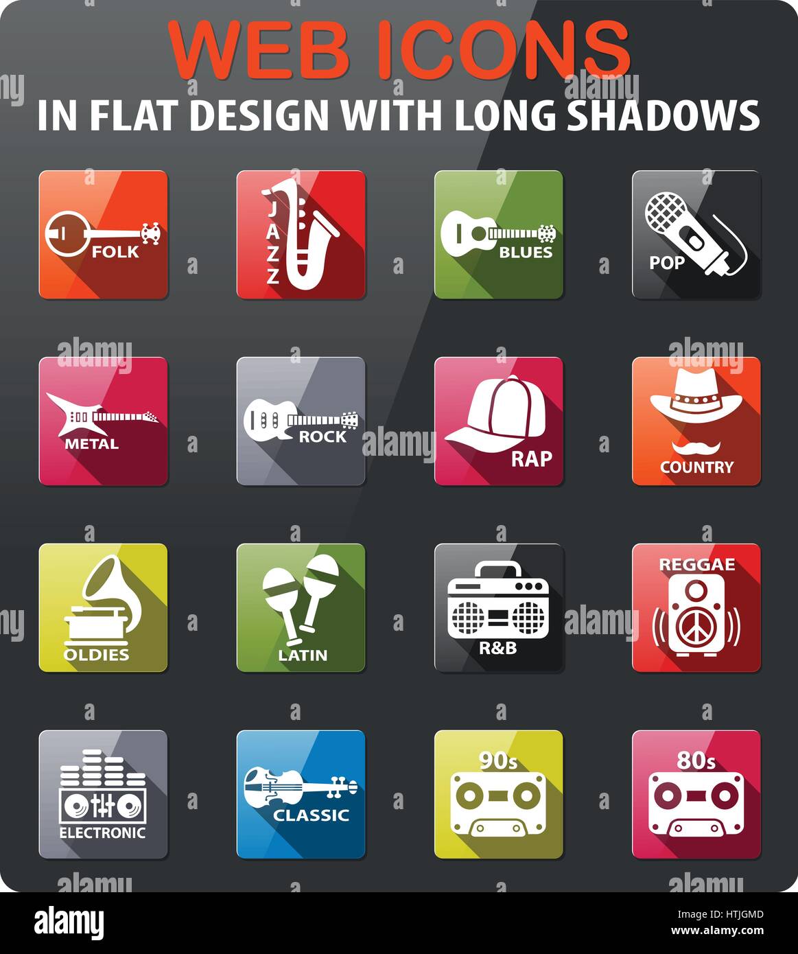 musical genre icons set in flat design with long shadow Stock Vector ...