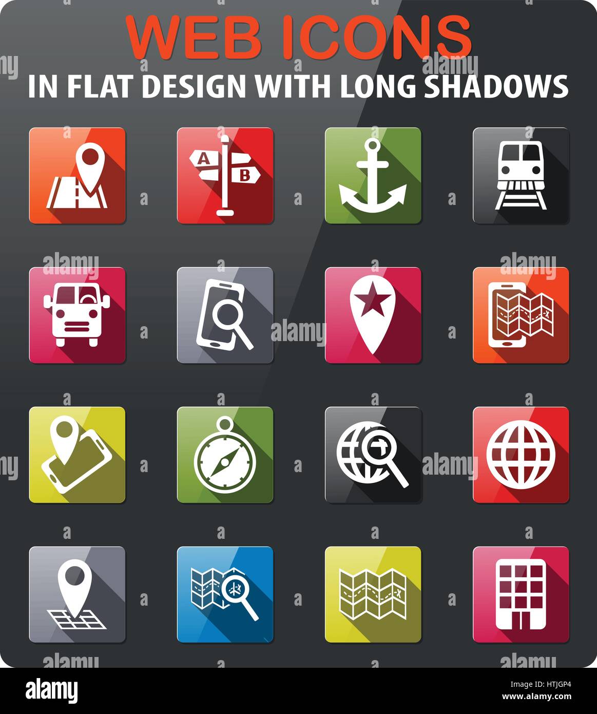 navigation transport map icons set in flat design with long shadow ...