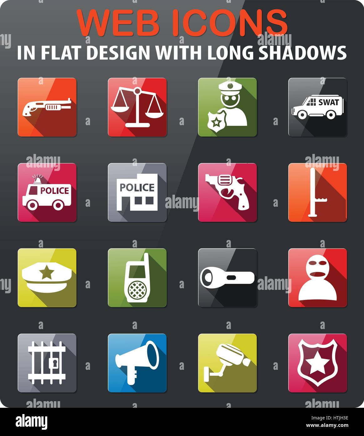 police icons set in flat design with long shadow Stock Vector Image ...