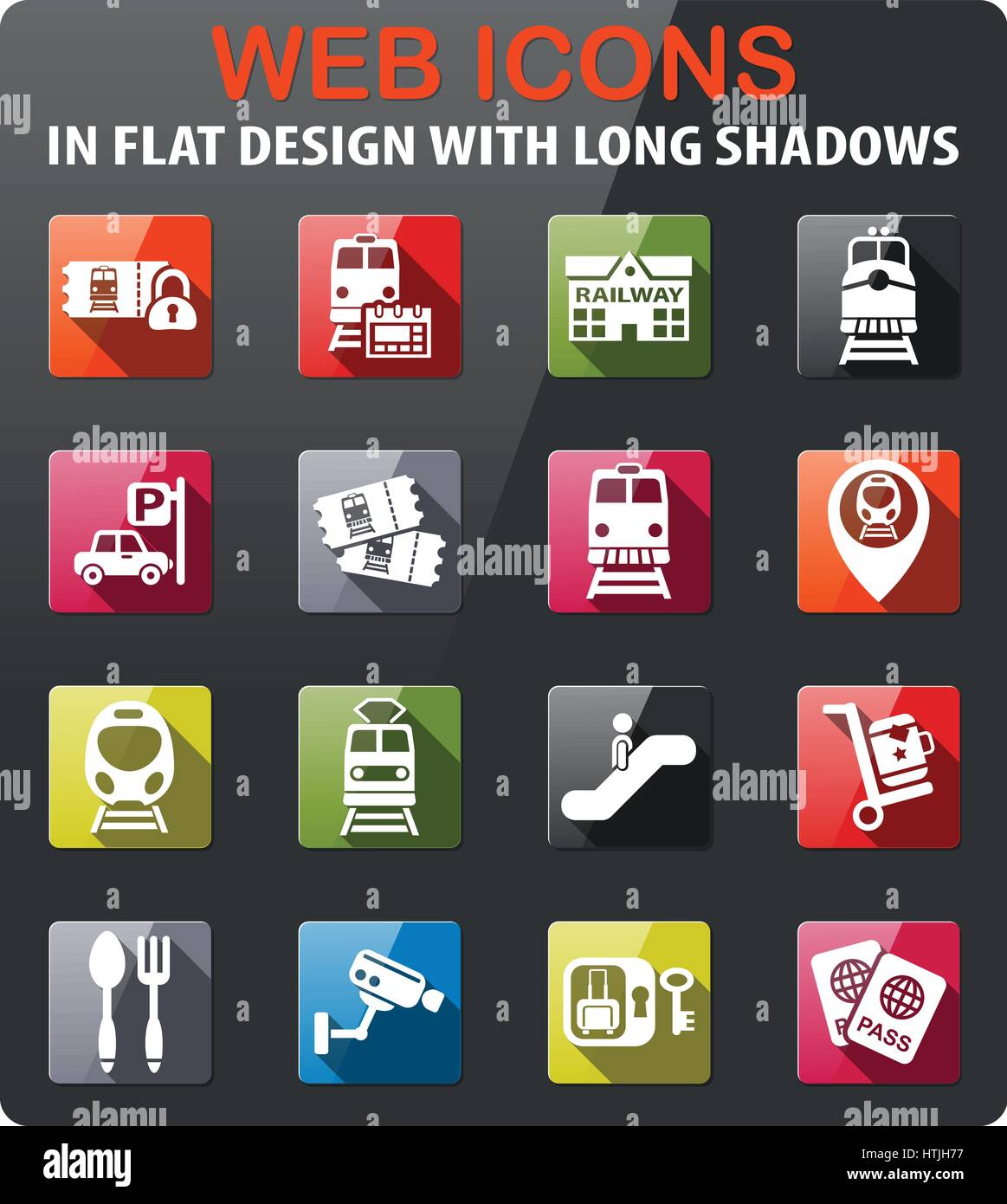 railway station icons set in flat design with long shadow Stock Vector ...