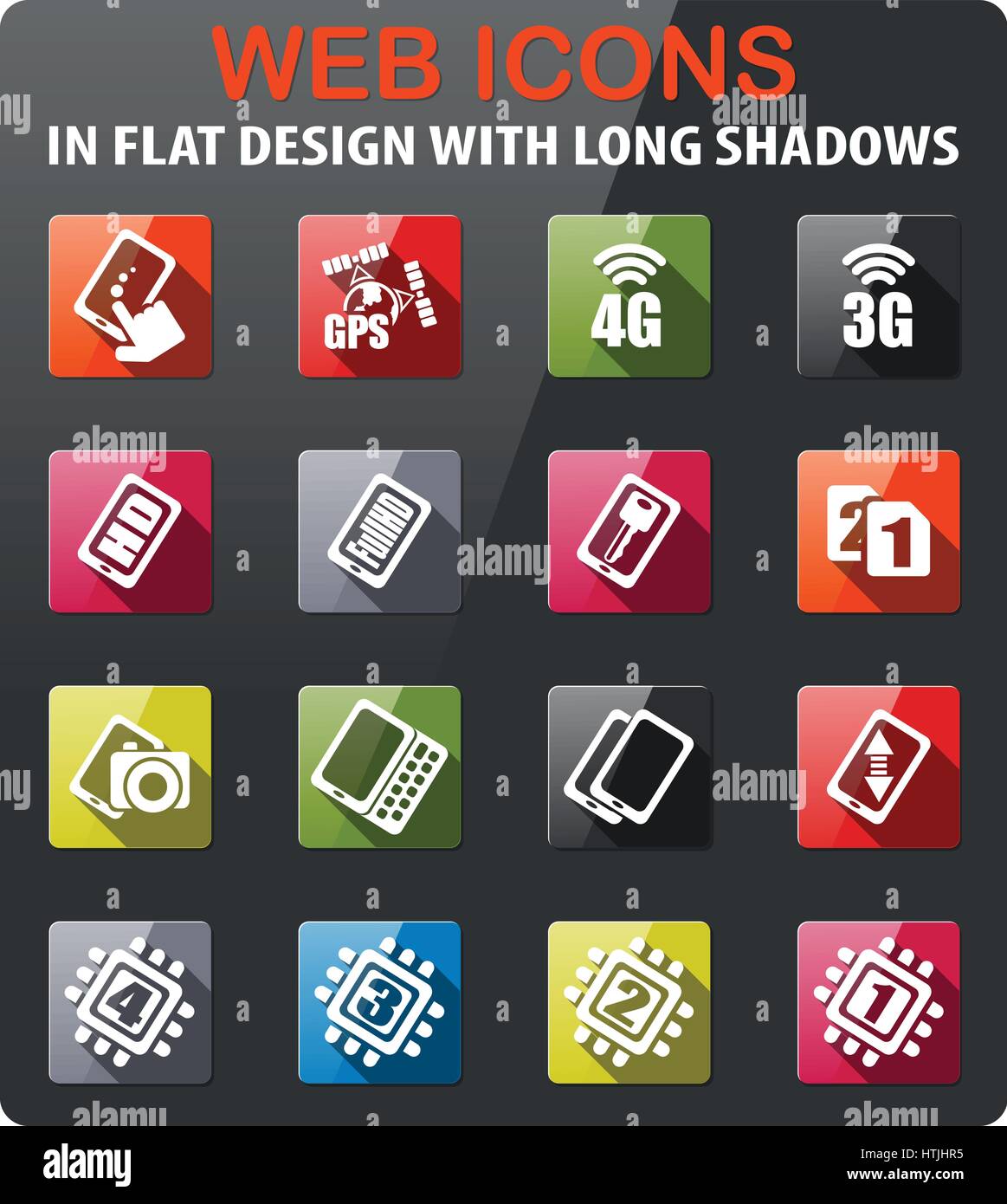 Smartphone, specificationicons set in flat design with long shadows ...