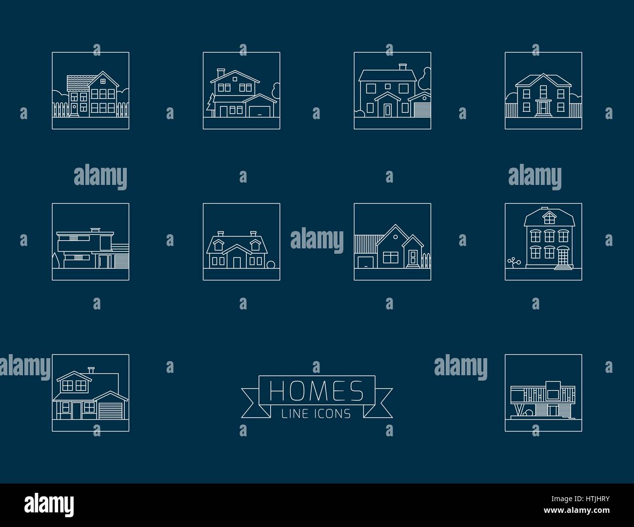 Variety of residential buildings square line icons Stock Vector Image ...
