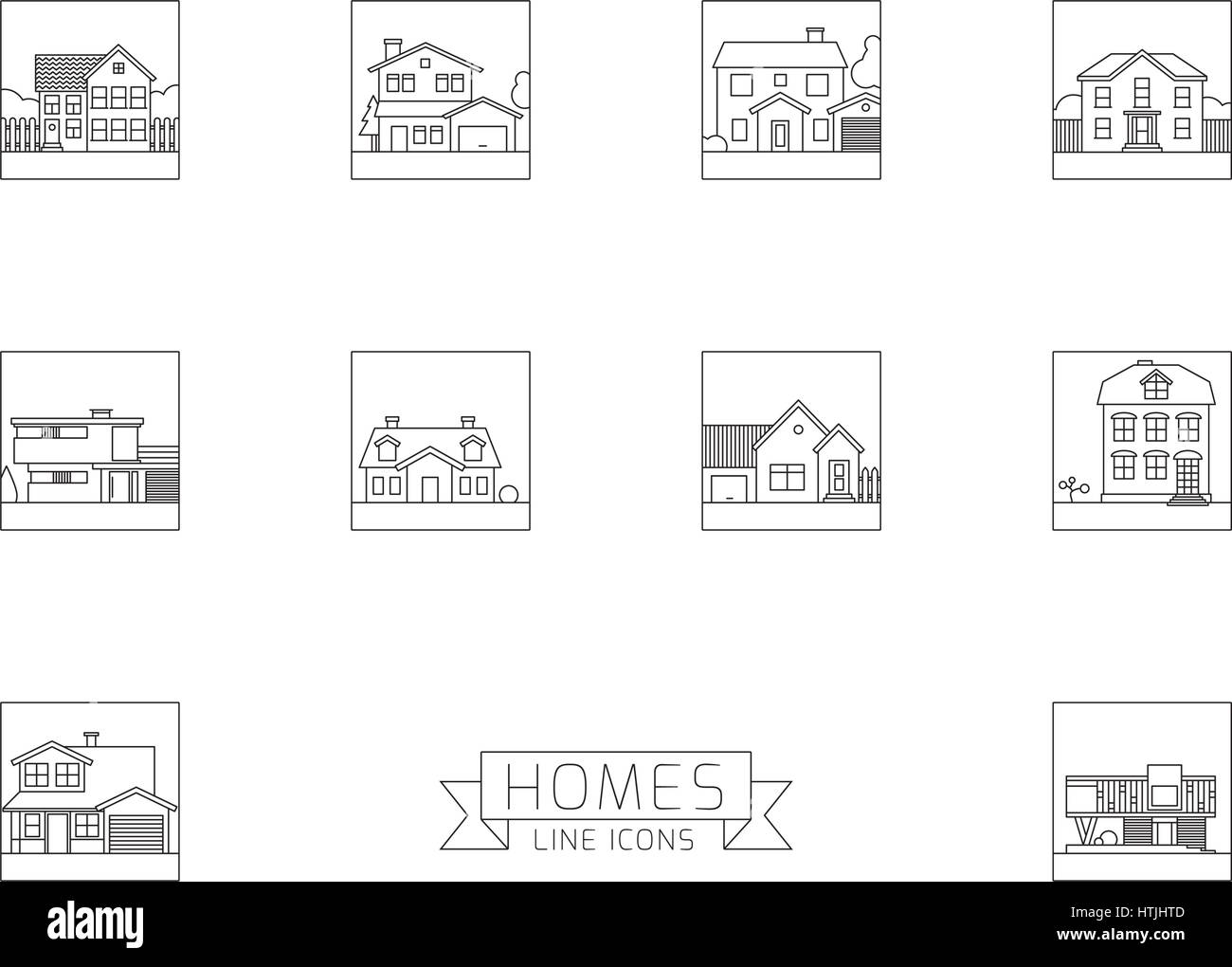 Variety of residential buildings square line icons Stock Vector Image ...