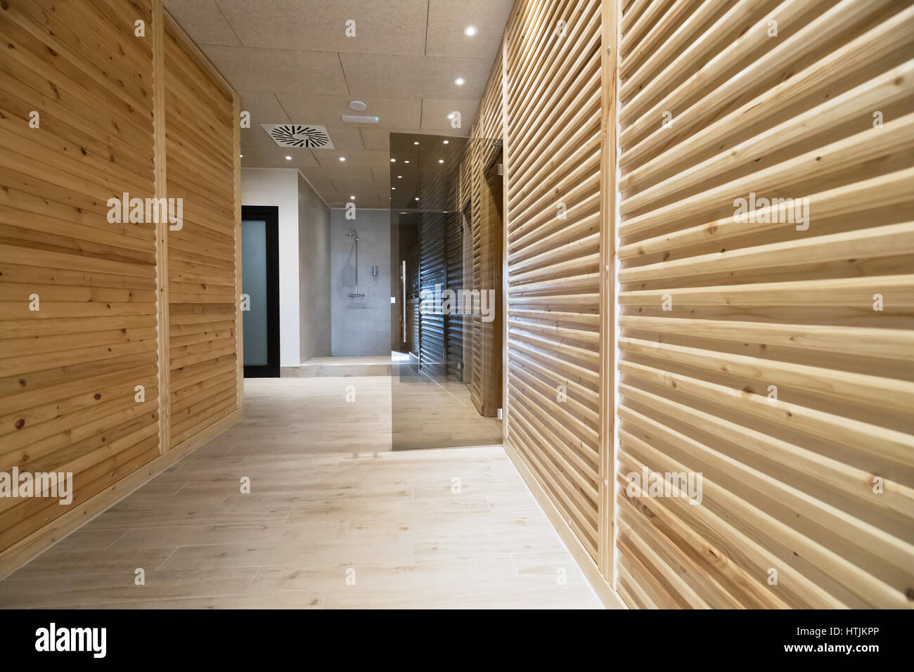 Beautiful spa resort hallway with saunas and shower Stock Photo - Alamy