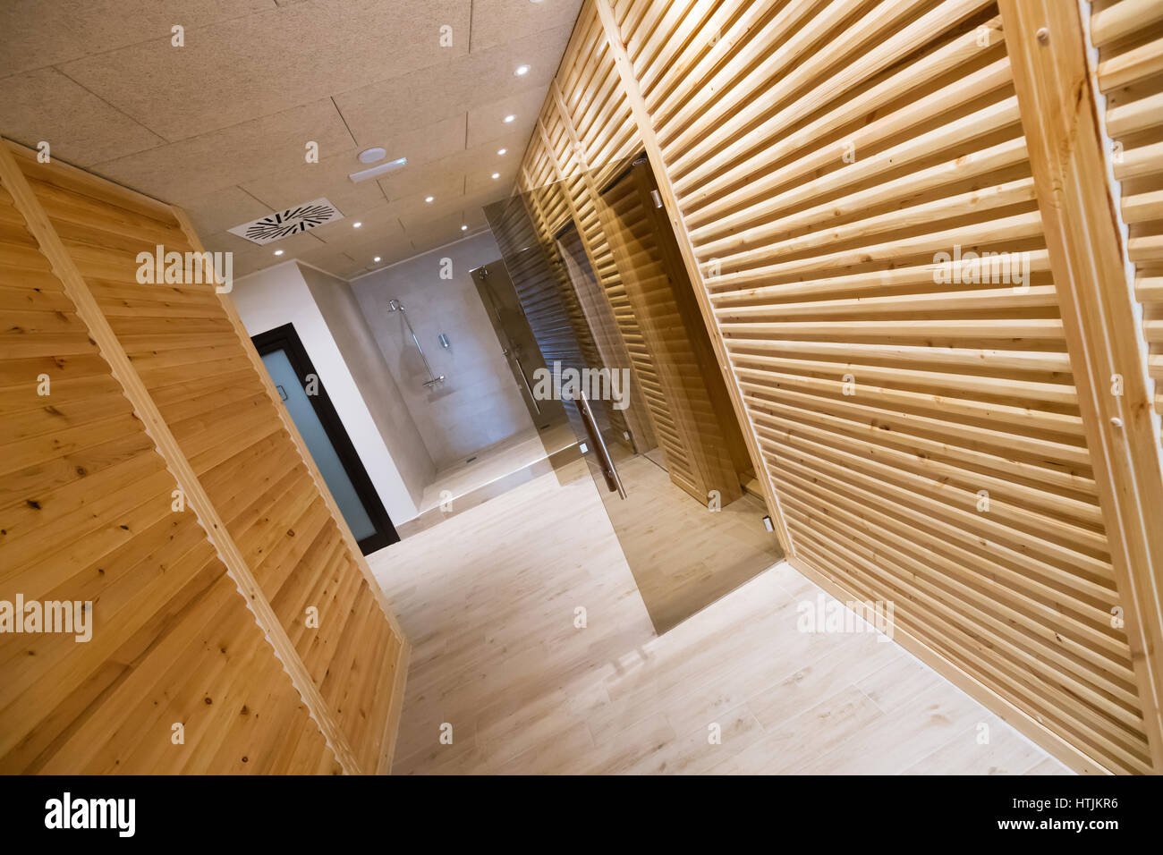 Beautiful spa resort hallway with saunas and shower Stock Photo - Alamy