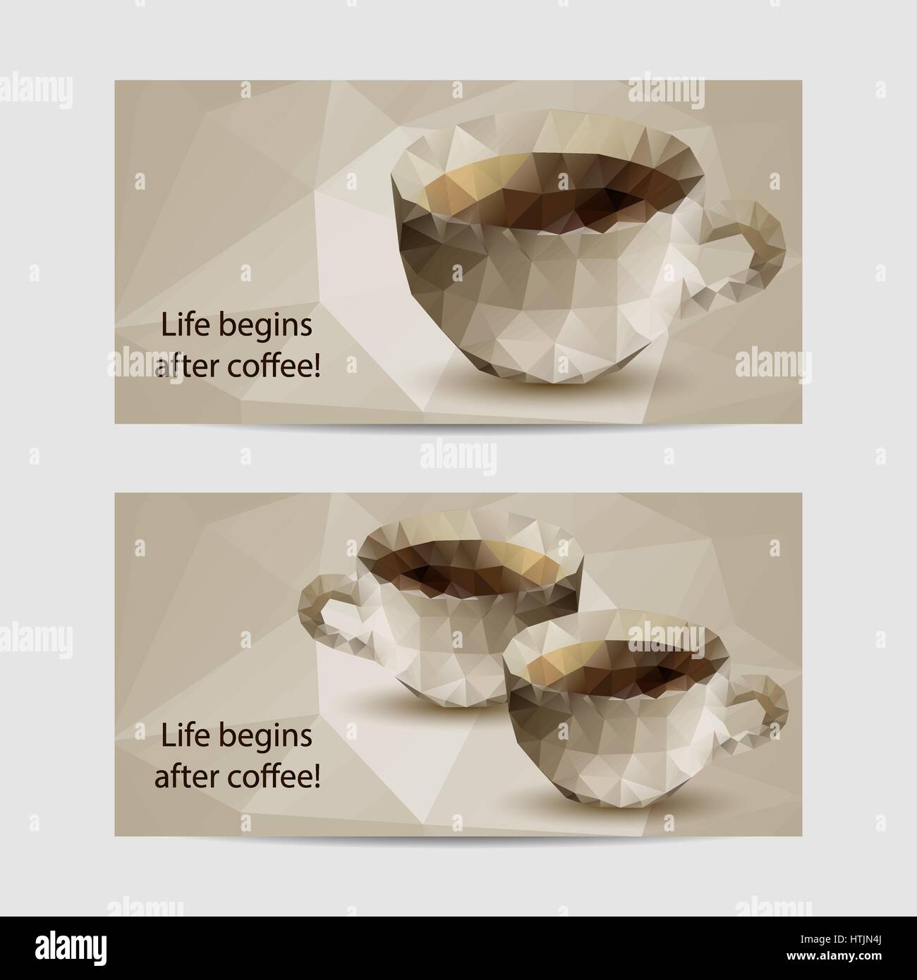 Set of horizontal banners. Triangle cup of coffee on a geometric ...