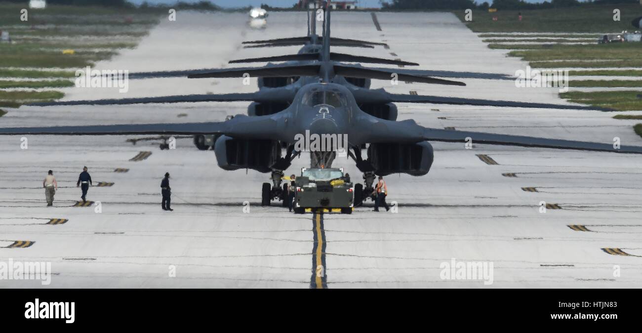 U.S. Air Force B-1B Lancer strategic bomber jet aircraft line up for ...