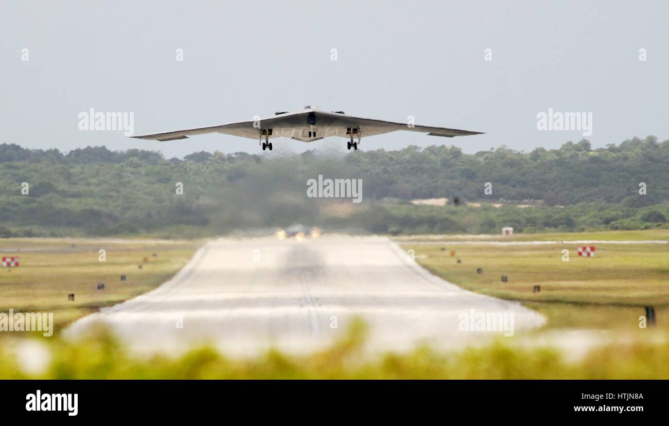 A U.S. Air Force B-2 Spirit stealth bomber aircraft takes off from the ...