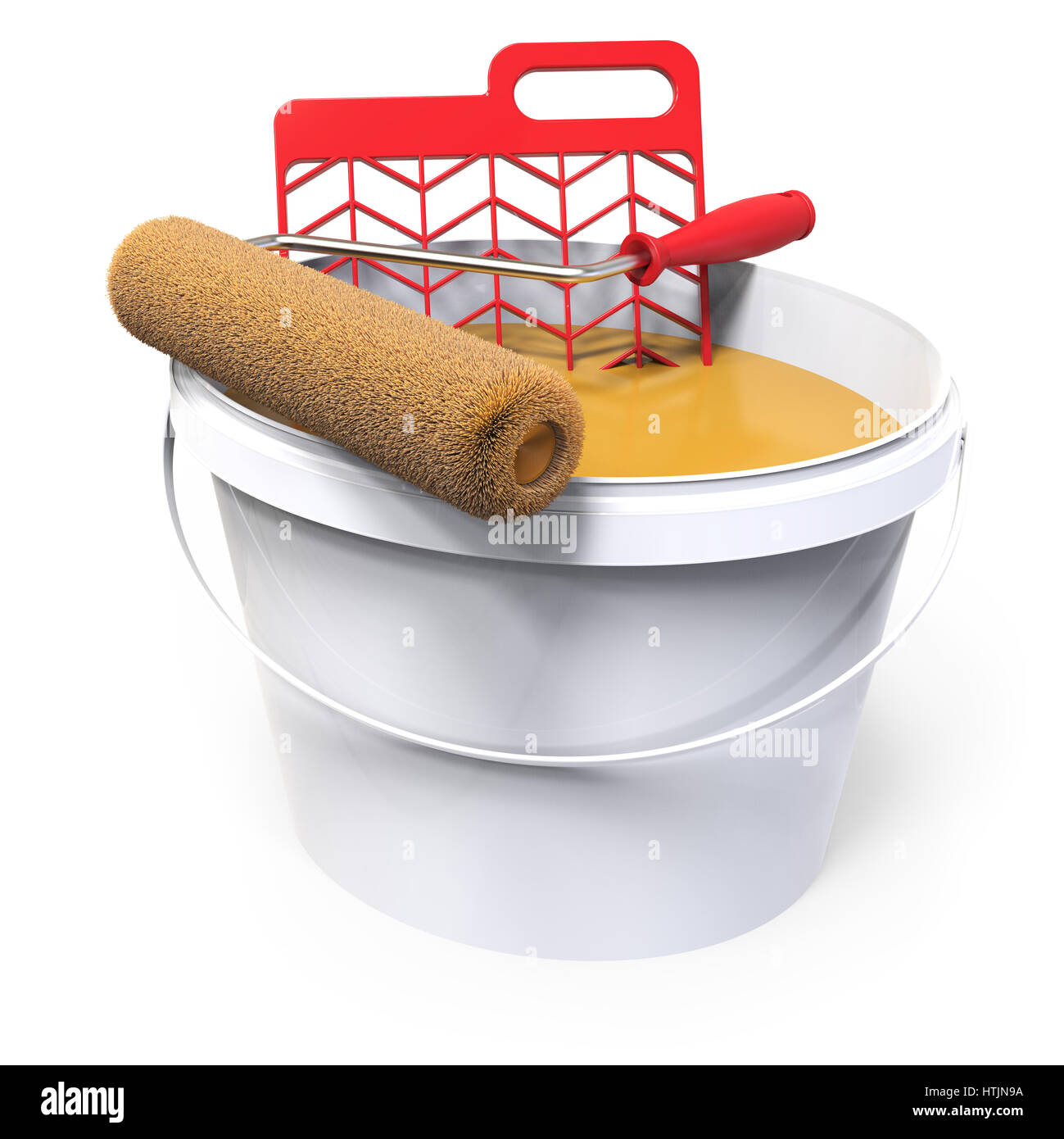 Paint bucket with roller on white background 3D rendering Stock Photo ...
