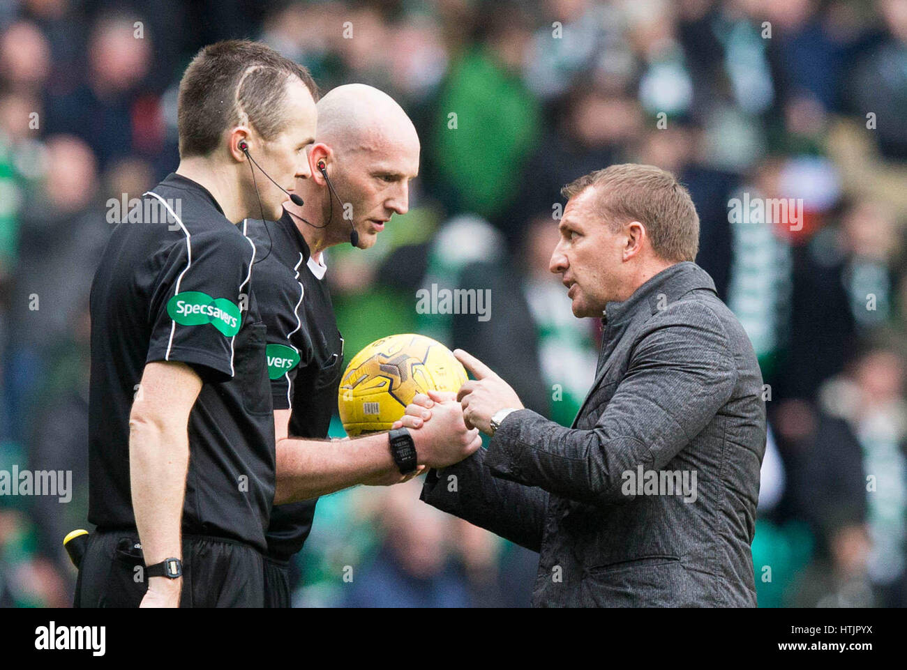 Celtic manager Brendan Rodgers has words with referee Bobby Madden at ...