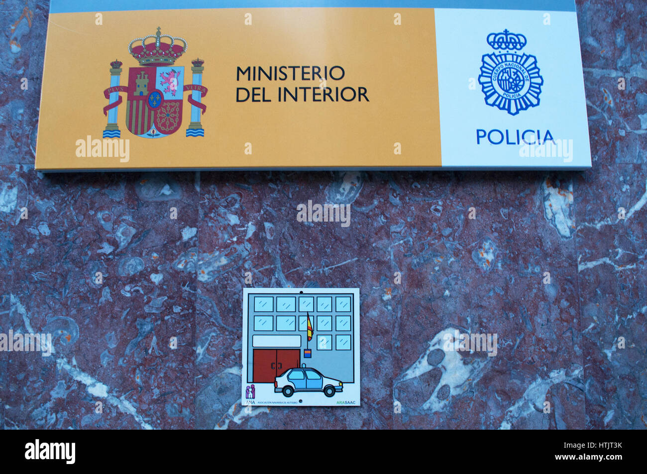 Pamplona, Spain: the sign of the police department at the headquarter ...