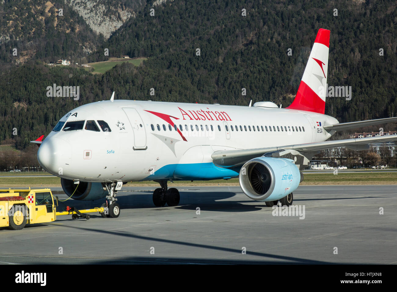 An Austrian Airlines A319 Airbus being pushed back, ready for take off ...