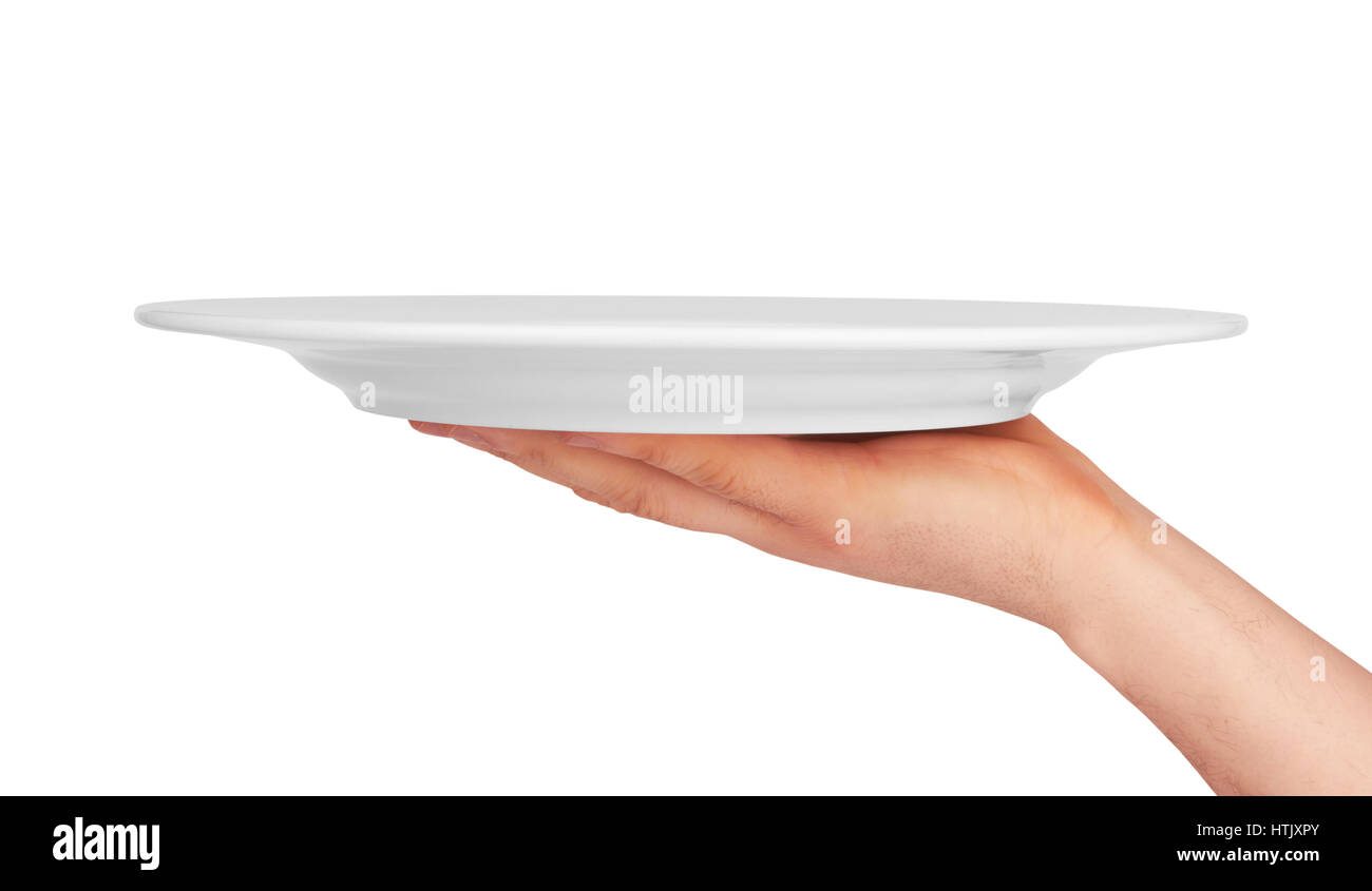 white kitchen plate on hand on white background Stock Photo - Alamy