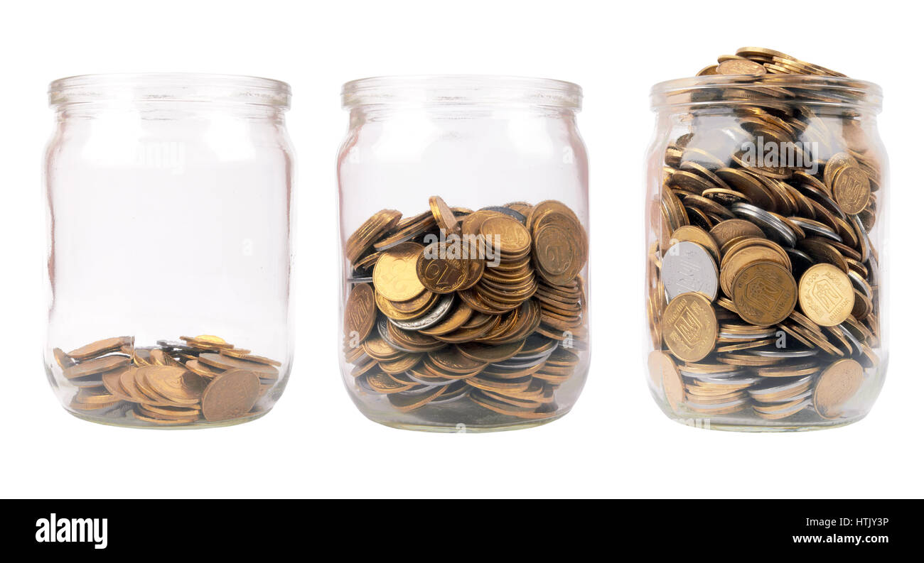 jar of coins isolated on a white background Stock Photo - Alamy