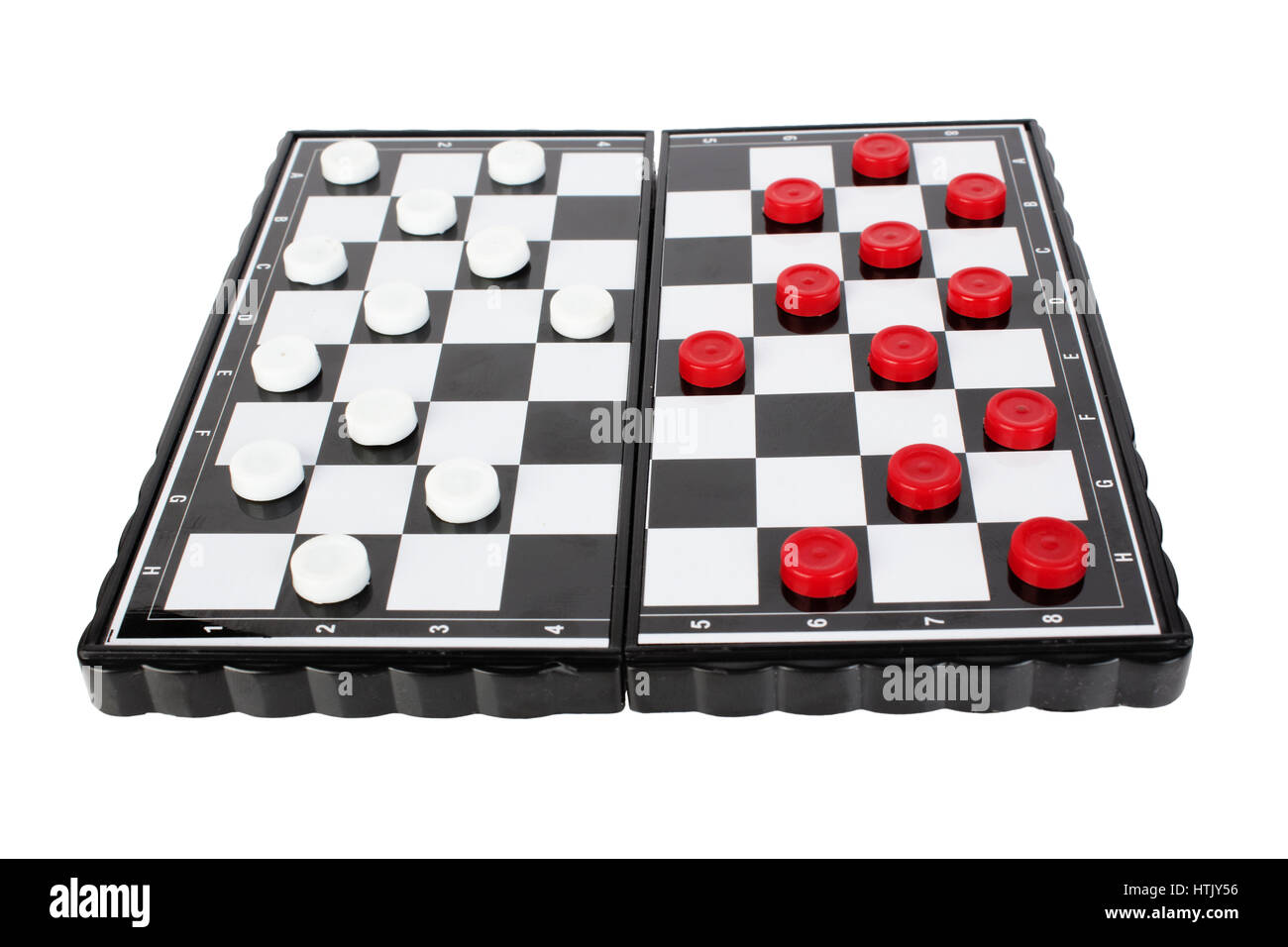 white and black checkers on a checker-board, isolated on white Stock ...