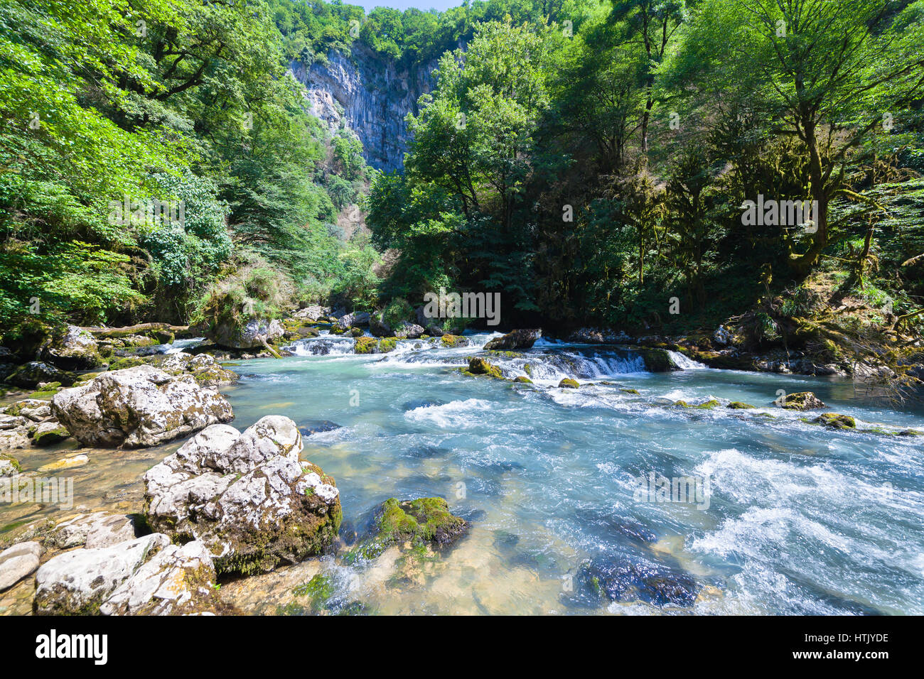 The valley of the mountain river Patara Makara in the Caucasus Stock ...