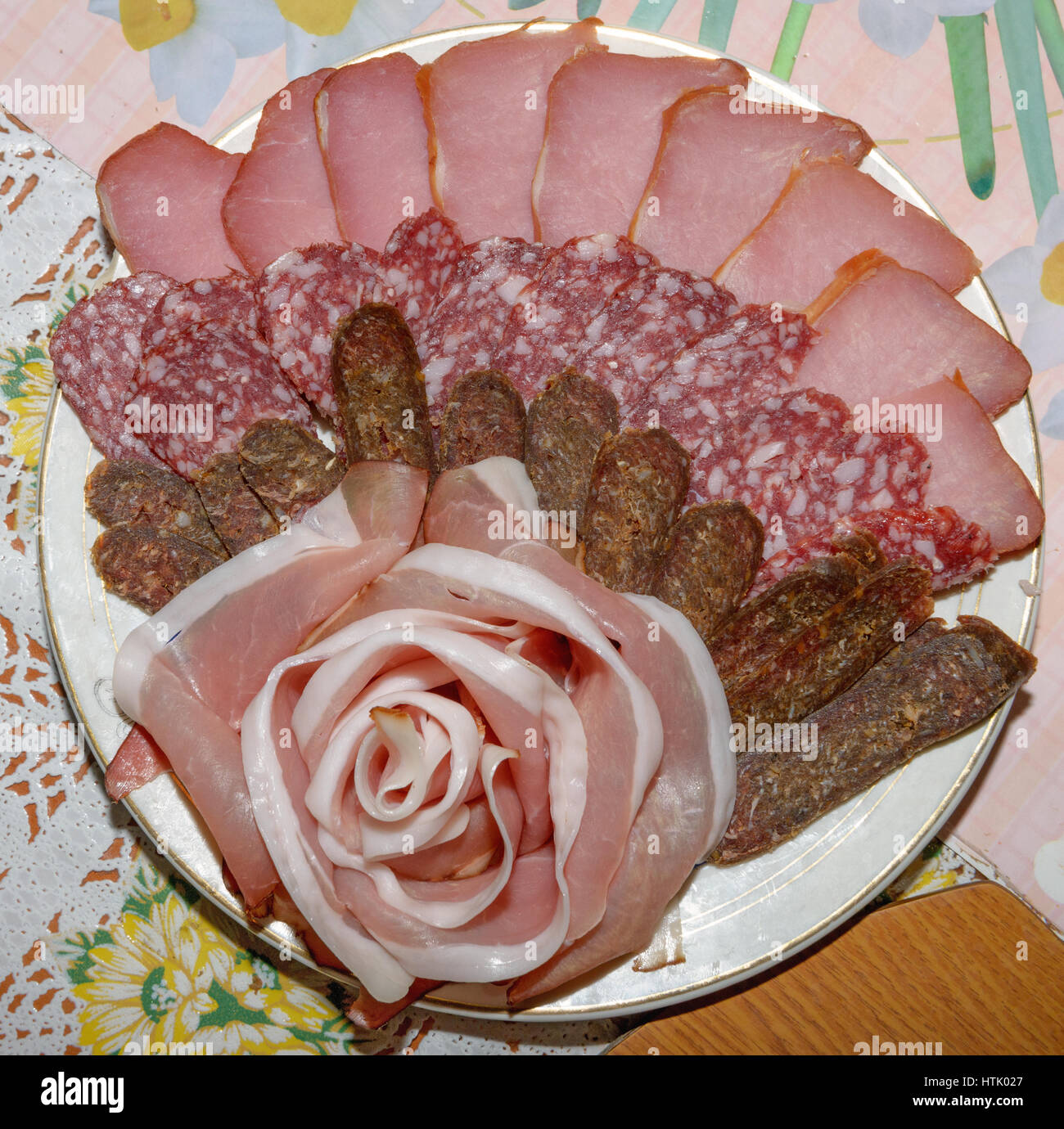 Close-up assorted cold meat cuts of balyk, sausage and sujuk that are ...