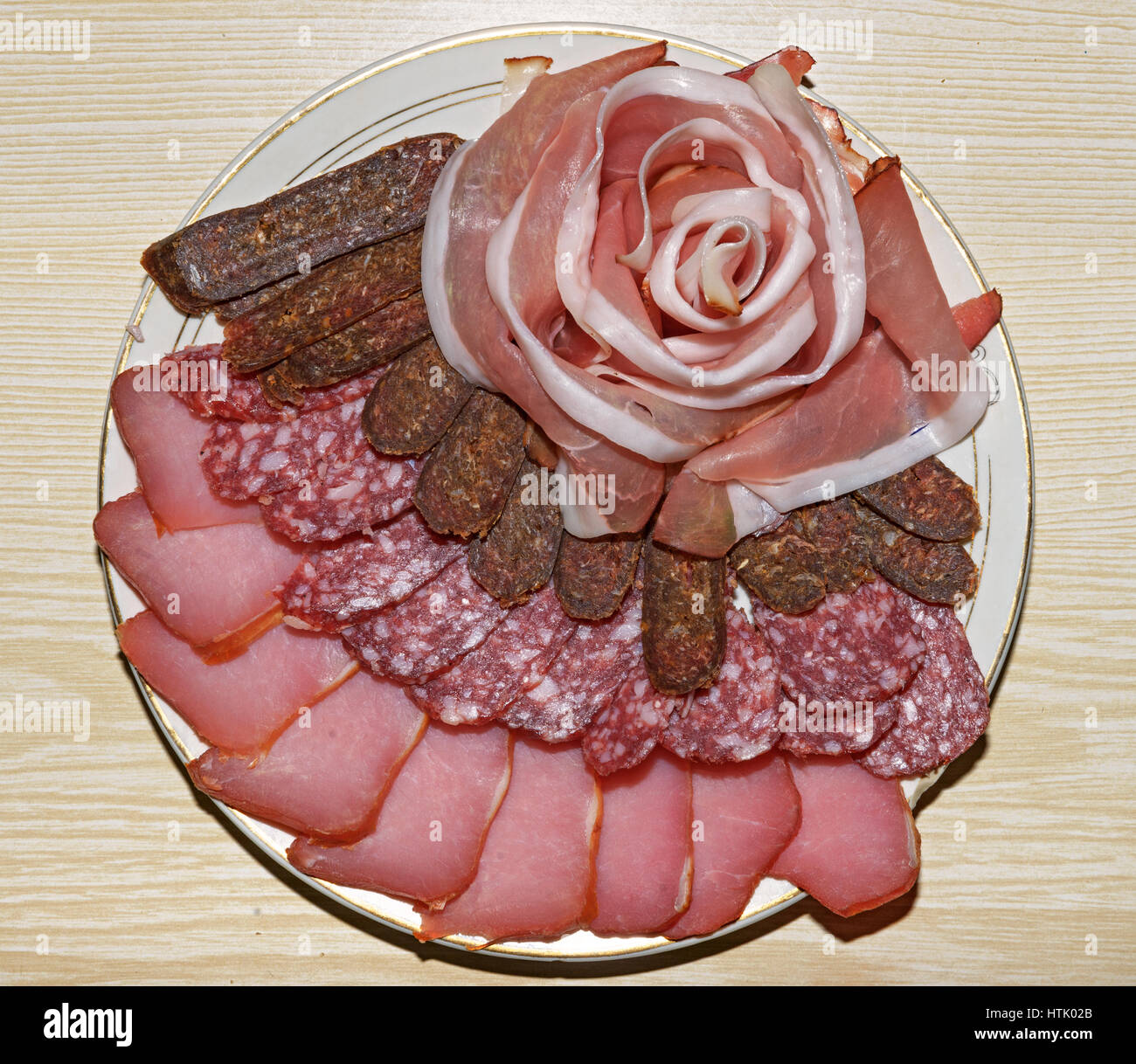 Close-up assorted cold meat cuts of balyk, sausage and sujuk that are ...