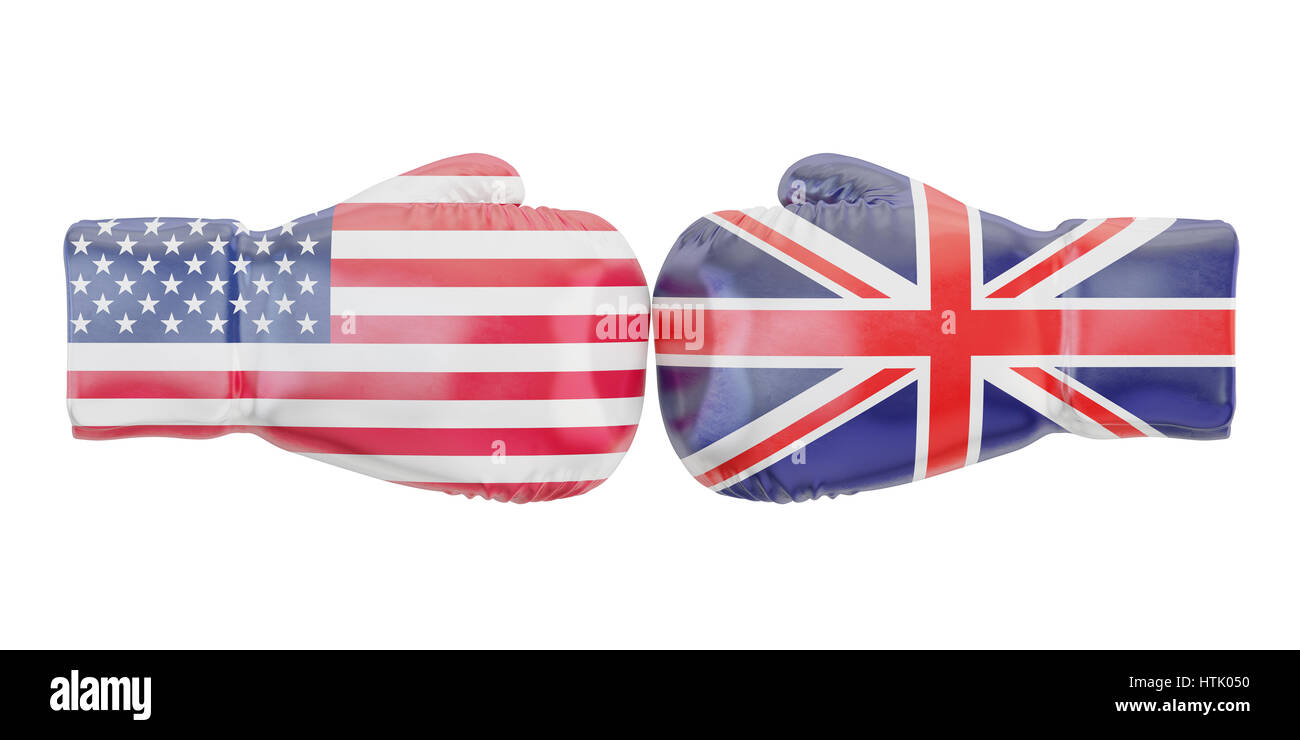 Boxing gloves with USA and Great Britain flags. Governments conflict ...