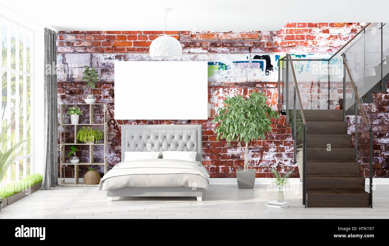 Modern bright interior with empty frame . 3D rendering Stock Photo - Alamy