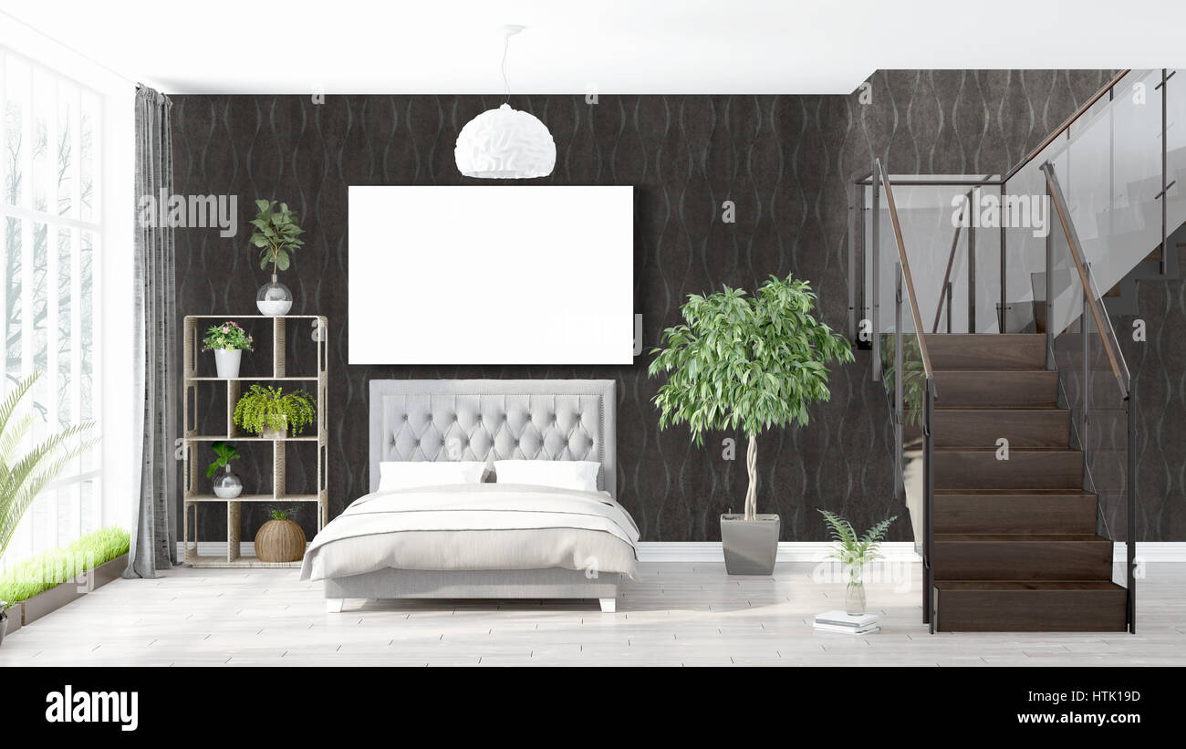 Modern bright interior with empty frame . 3D rendering Stock Photo - Alamy