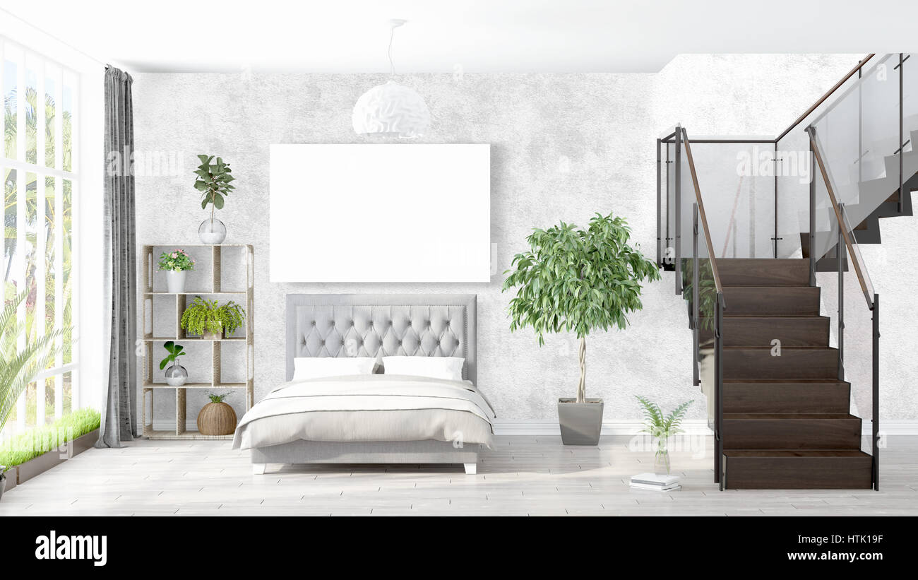 Modern bright interior with empty frame . 3D rendering Stock Photo - Alamy