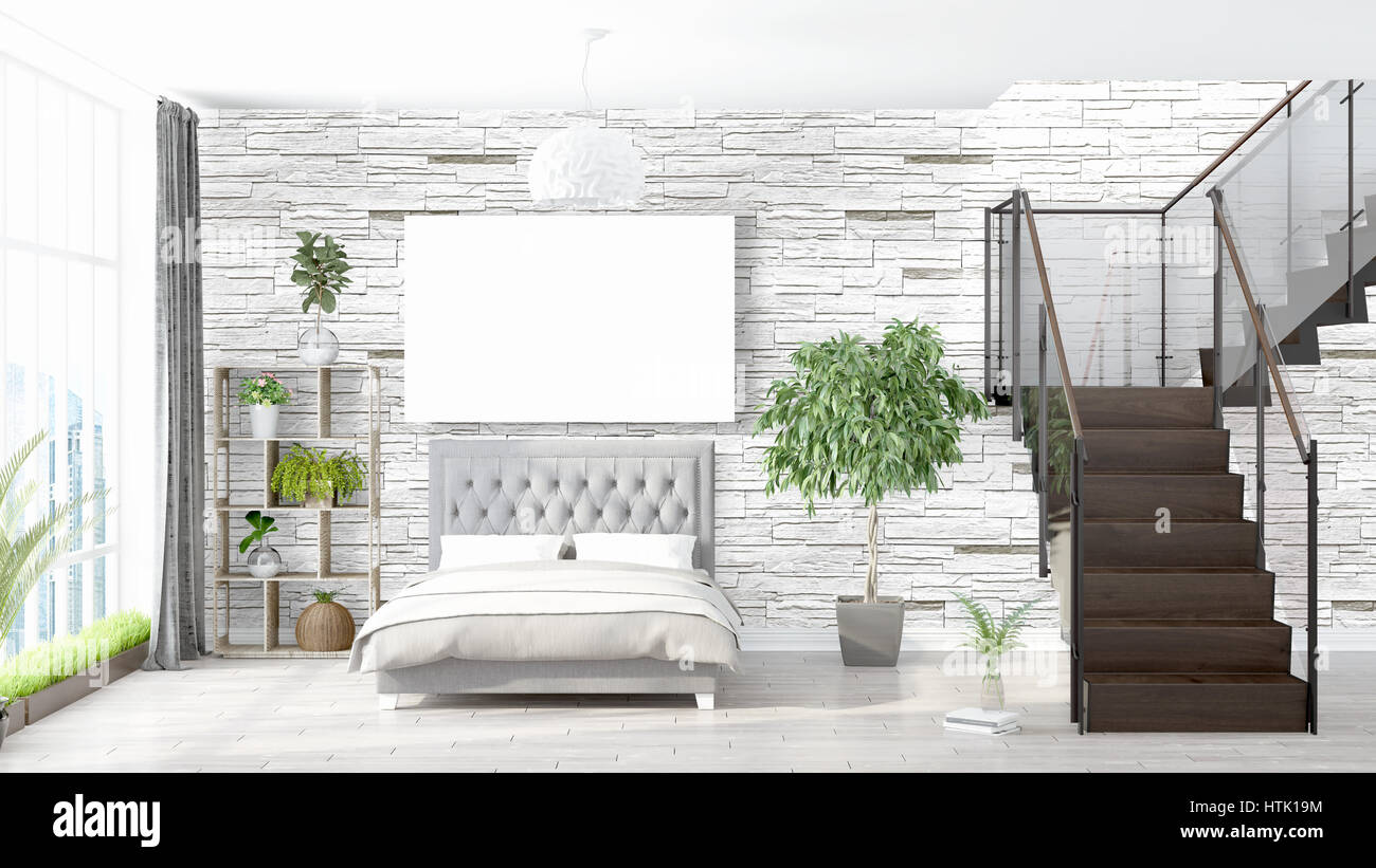Modern bright interior with empty frame . 3D rendering Stock Photo - Alamy