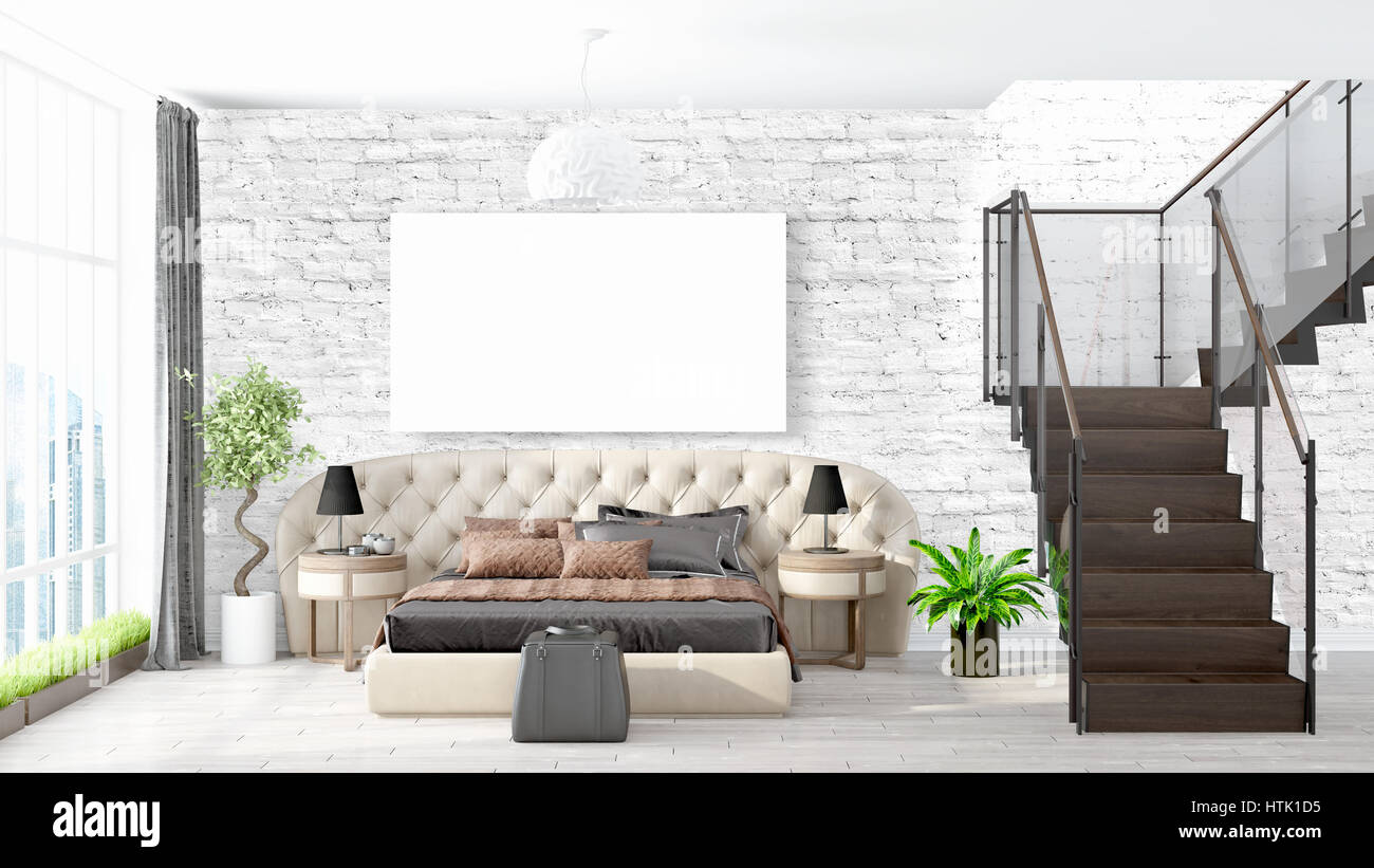 Modern bright interior with empty frame . 3D rendering Stock Photo - Alamy