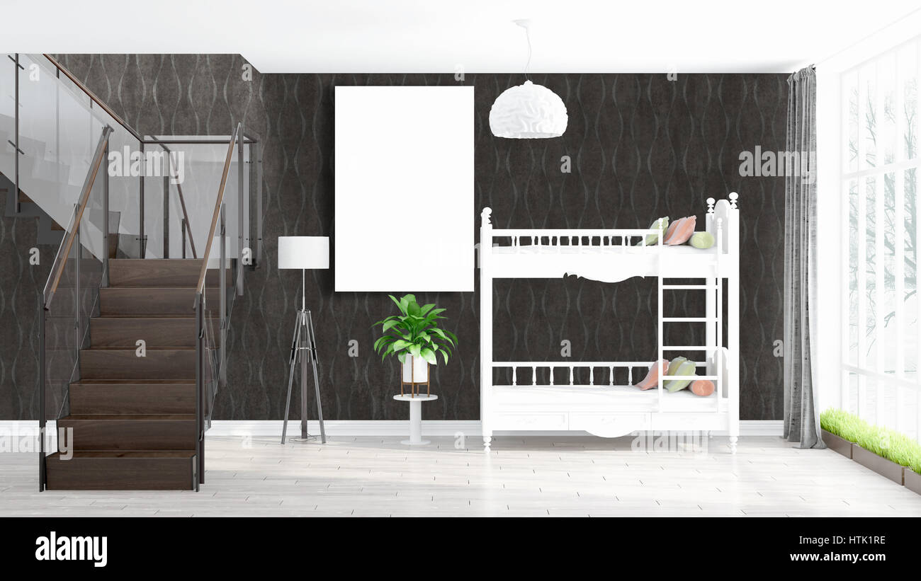 Modern bright interior with empty frame . 3D rendering Stock Photo - Alamy