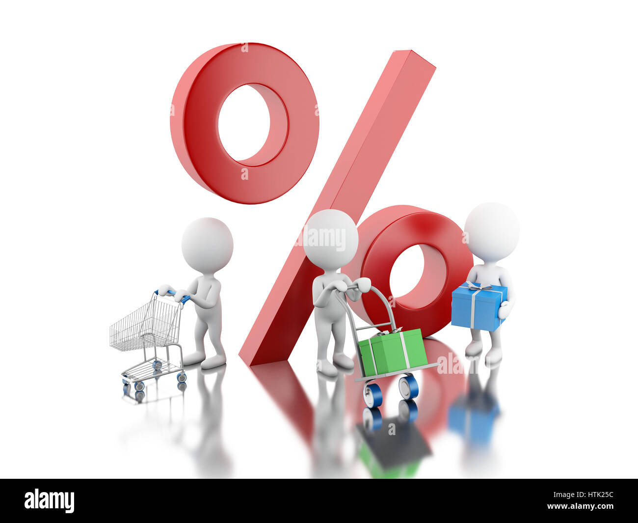 3d image. White people with percentage symbol, shopping cart and gift ...