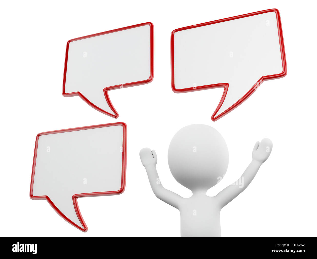3d illustration. White person with empty speech bubbles. Debate concept ...