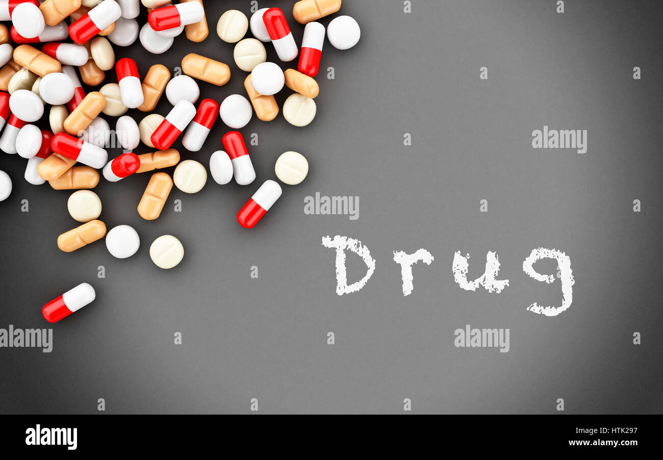 3d illustration. Pills and blackboard with text "drug". Healthcare ...