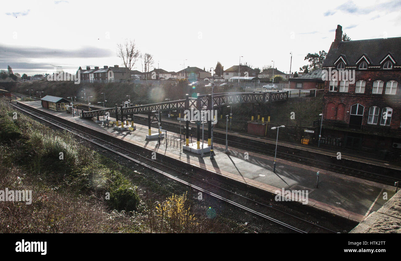 A deserted Hunt's Cross railway station in Liverpool as workers at ...