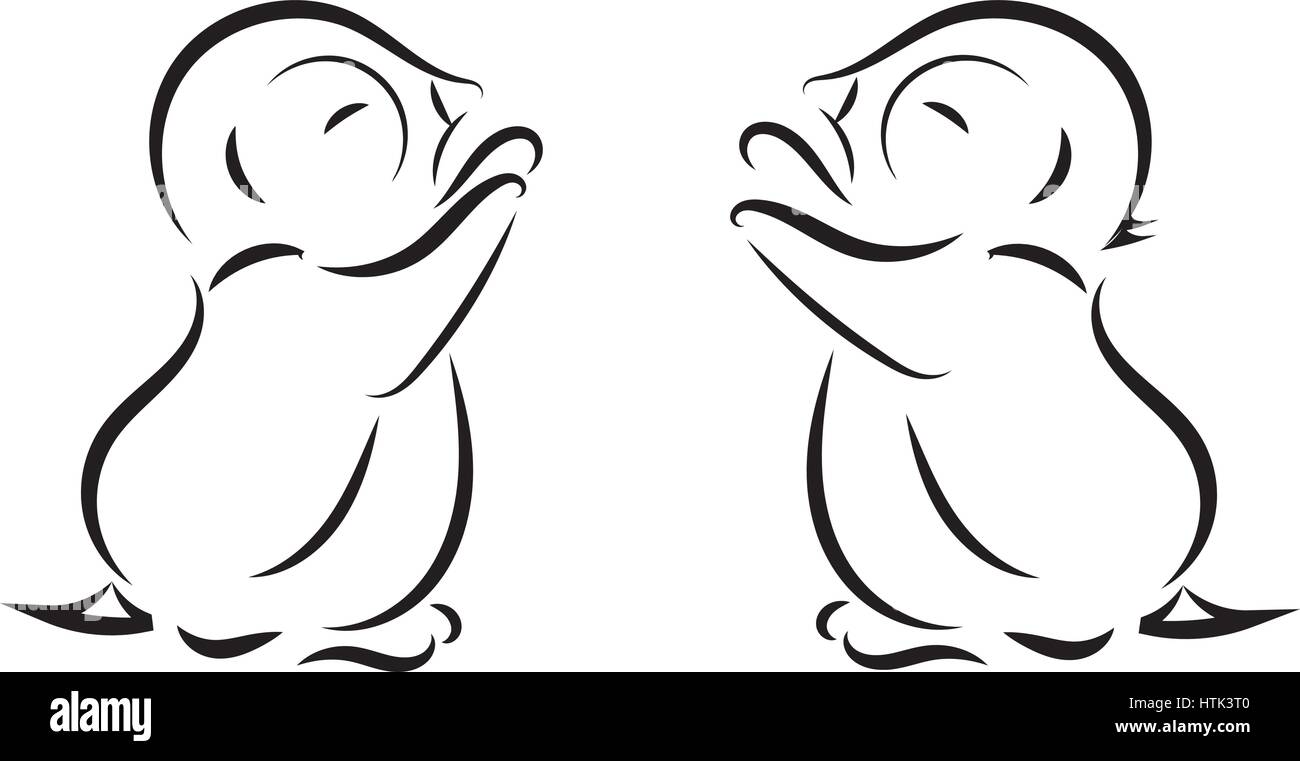 vector image. Black outline drawing of two little penguins isolated on ...