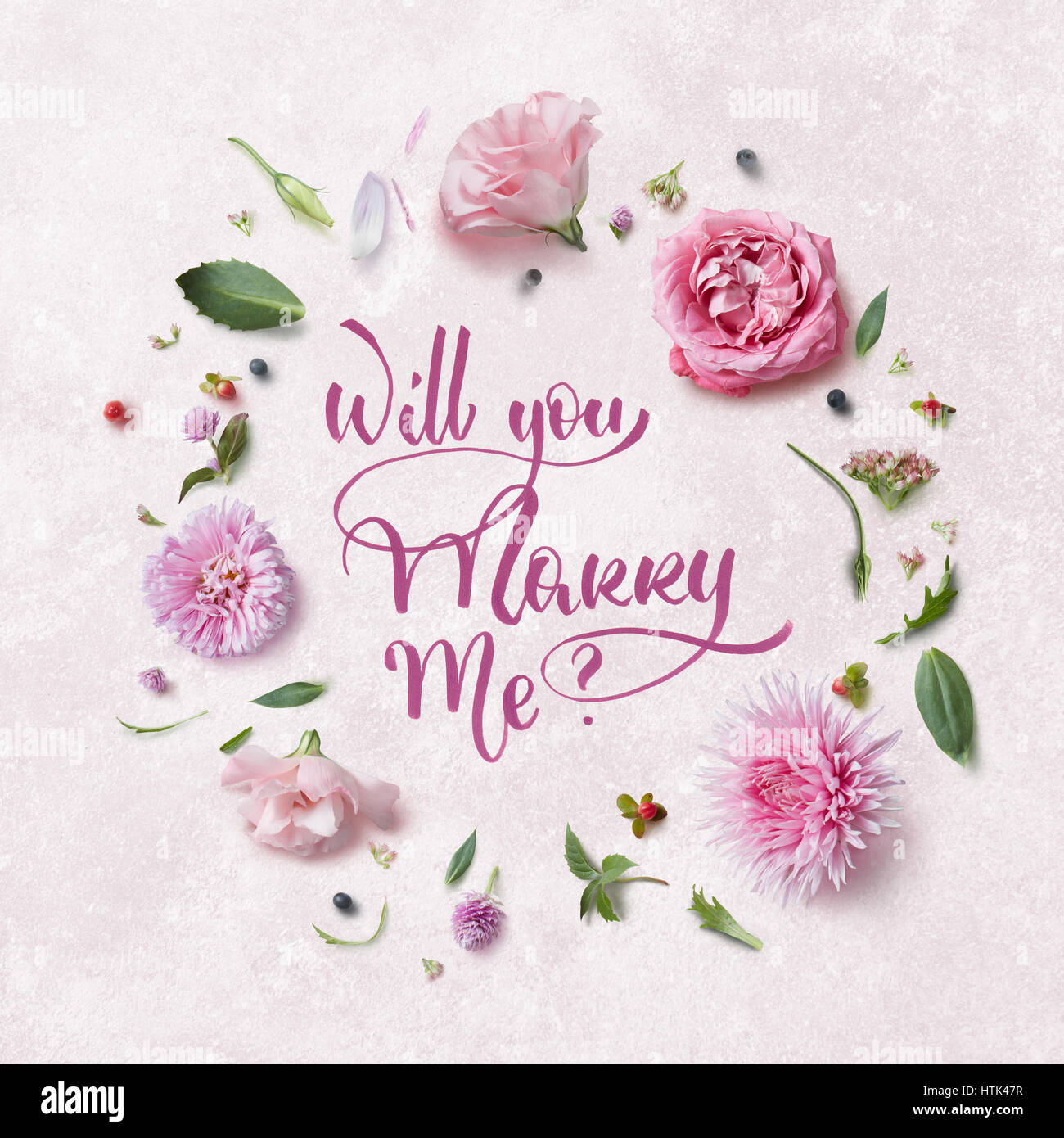 greeting card with flowers frame and the words calligraphy Merry me ...