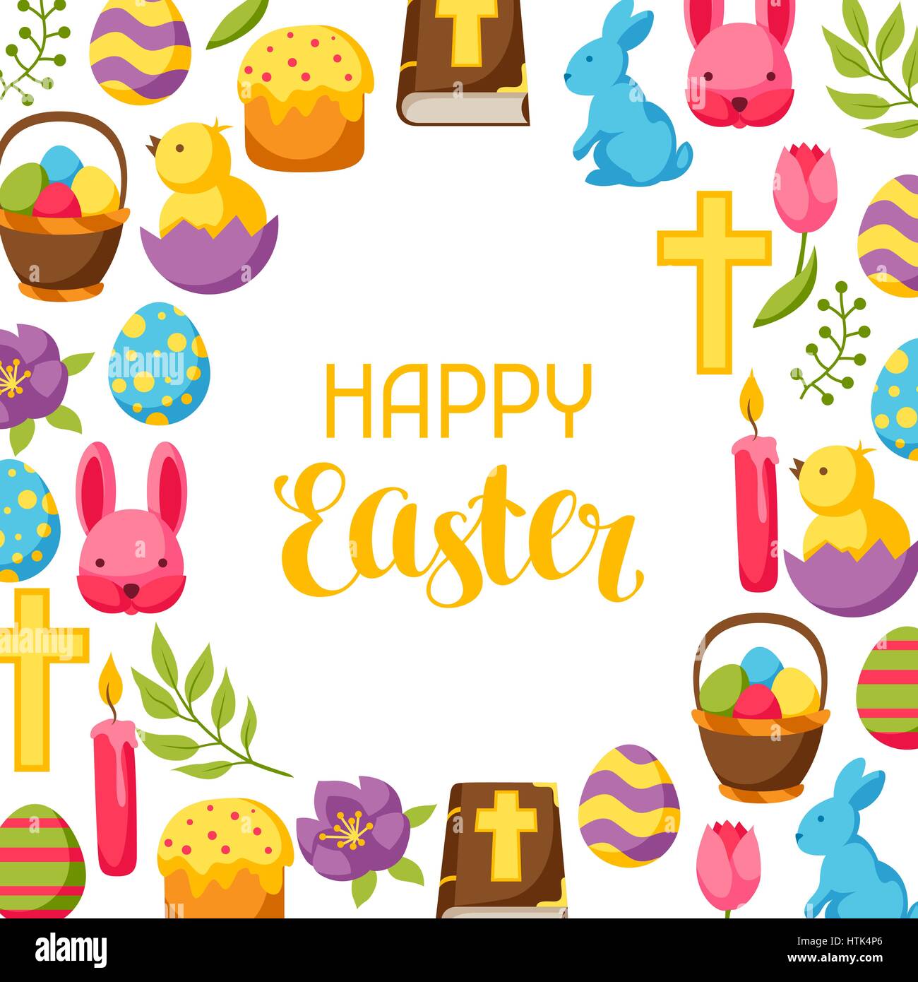 Happy Easter frame with decorative objects, eggs and bunnies Stock ...